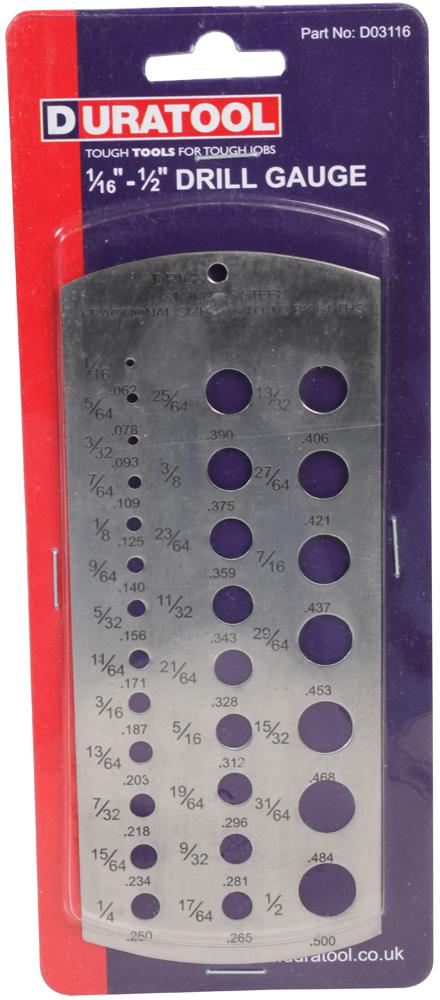Stainless Steel Imperial Drill Gauge 1 16 1 2 Duratool Cpc